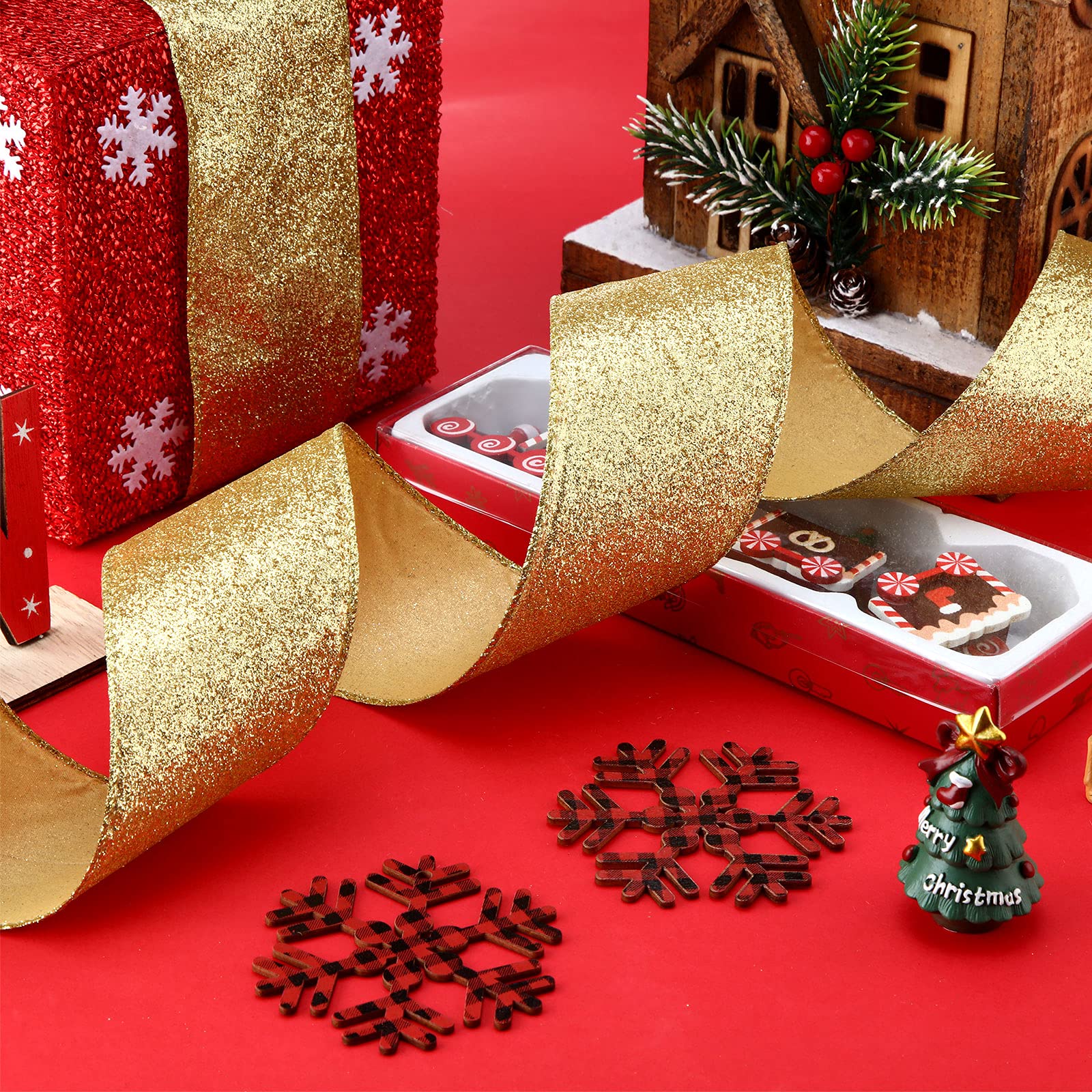 2 Rolls 20 Yards Christmas Ribbon Metallic Glitter Ribbon Wired Edge Decorative Fabric Ribbons for Party Wrapping Home Decorations Wedding Birthday DIY Crafts 2.5 Inch (Gold)