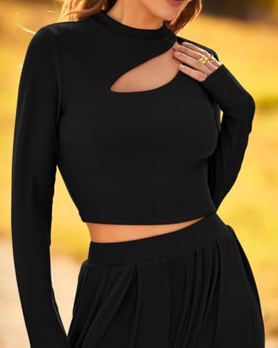 BTFBM Women's 2 Piece Tracksuit Outfits Cutout Long Sleeve Crop Top Wide Leg Pant Ribbed Knit Sweatsuits Yoga Lounge Set(Solid Black, X-Large)