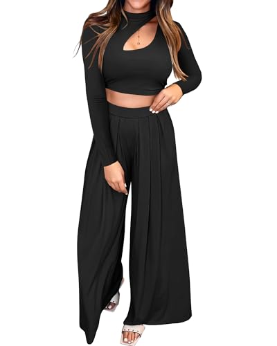 BTFBM Women's 2 Piece Tracksuit Outfits Cutout Long Sleeve Crop Top Wide Leg Pant Ribbed Knit Sweatsuits Yoga Lounge Set(Solid Black, X-Large)
