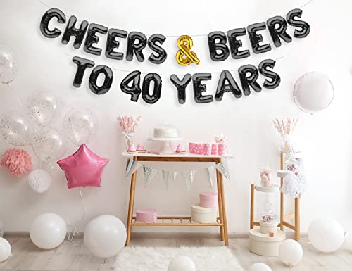 PartyForever CHEERS & BEERS TO 40 YEARS Balloons Banner Black 40th Birthday Party Decorations Sign