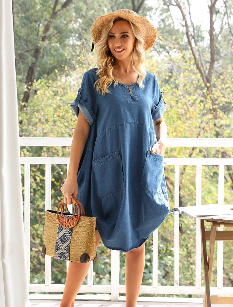 Minibee Women's Ruffle Oversize Casual Midi Dresses with Pockets (3XL, Denim Blue)