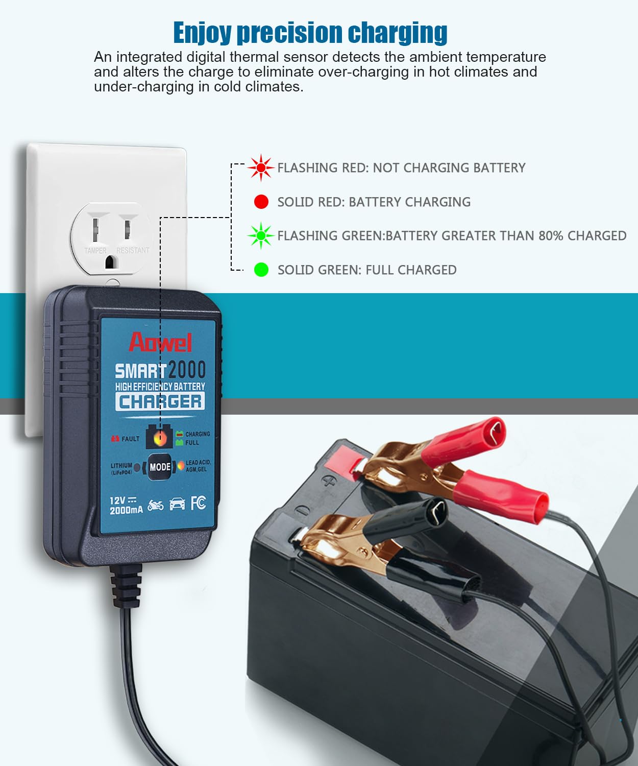 Aowel 12V, 2-Amp Fully Automatic Battery Charger & Maintainer for Car, Lawn Mower, ATV, Motorcycle, Boat, Marine Lithium(LifePO4) and AGM, Deep Cycle Lead-Acid Batteries