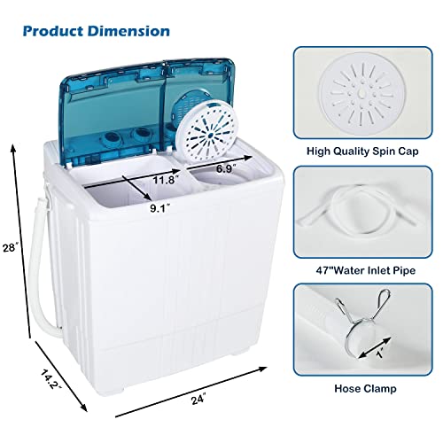 GRAVFORCE Portable Washing Machine, Mini Twin Tub Washer and Dryer Combo, 21lbs Capacity Washer(14.4Lbs) and Spinner(6.6Lbs), w/Built-in Gravity Drain for Camping, Apartments, Dorms, RV’s (Blue)