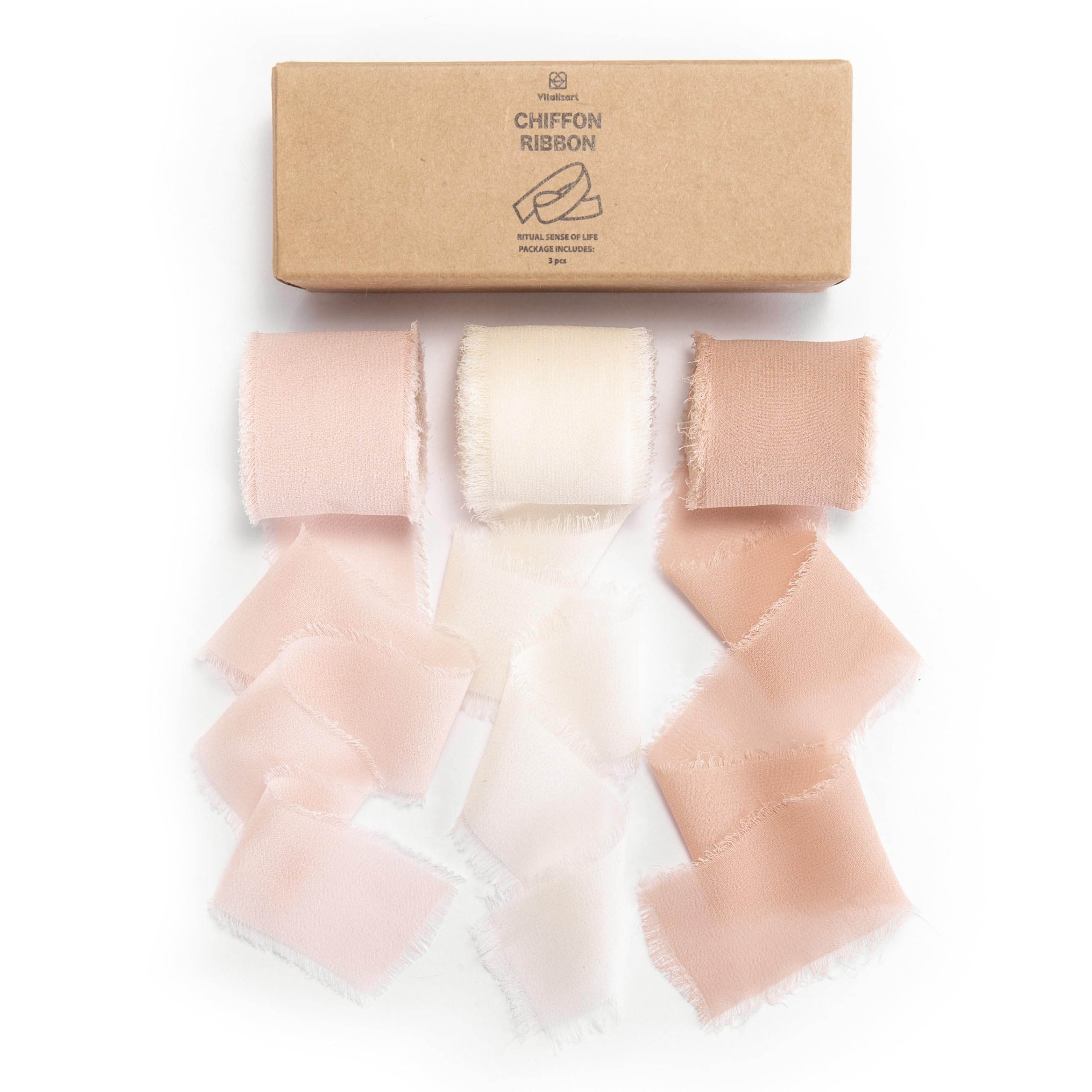 Vitalizart Pink Handmade Chiffon Silk Ribbon Fringe 1.5" x 21 Yd Blush Pink & White Frayed Edges Ribbons for Wedding Invitations Bridal Bouquets Gifts Wrapping Crafts Holiday Party Decorations