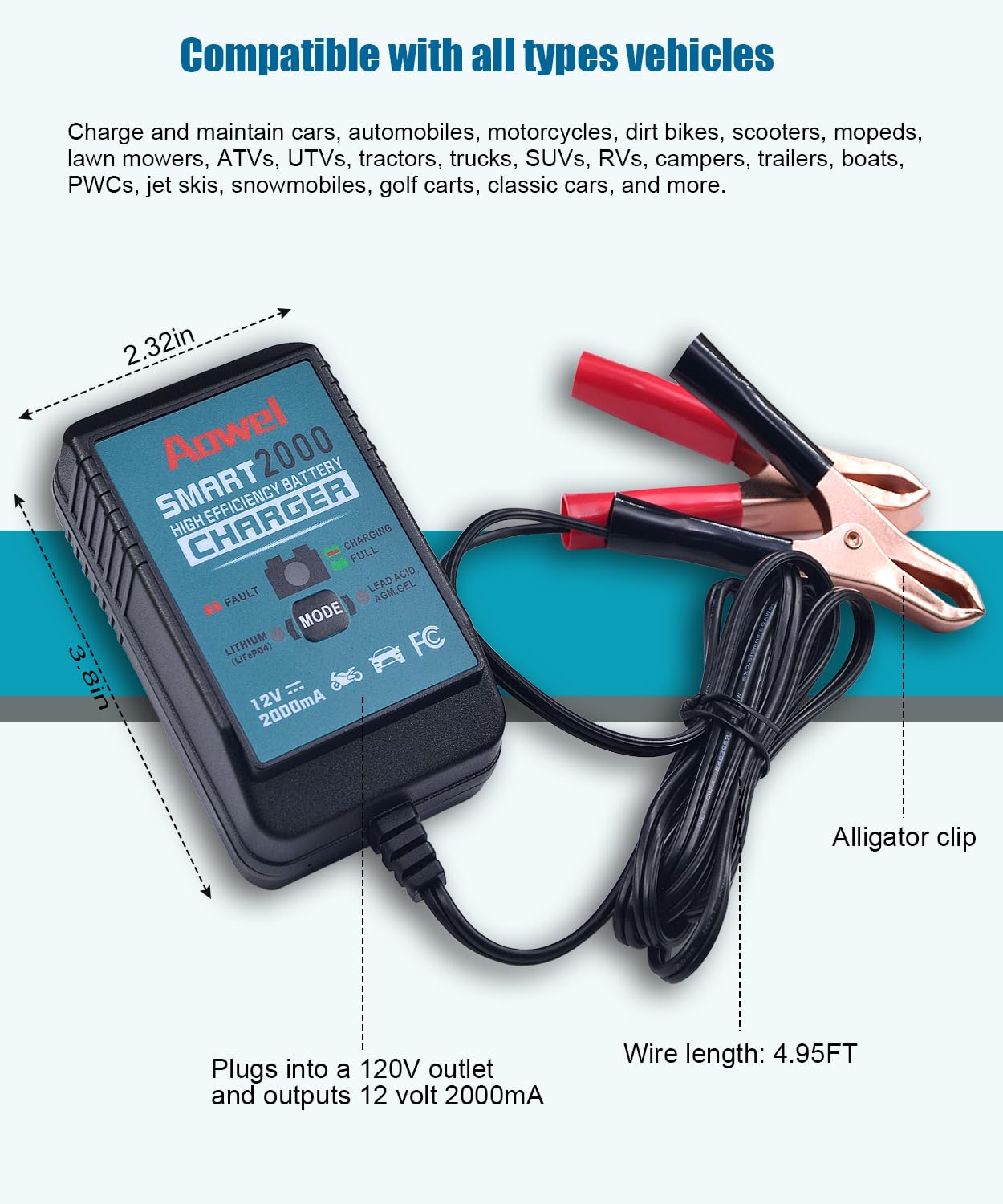 Aowel 12V, 2-Amp Fully Automatic Battery Charger & Maintainer for Car, Lawn Mower, ATV, Motorcycle, Boat, Marine Lithium(LifePO4) and AGM, Deep Cycle Lead-Acid Batteries