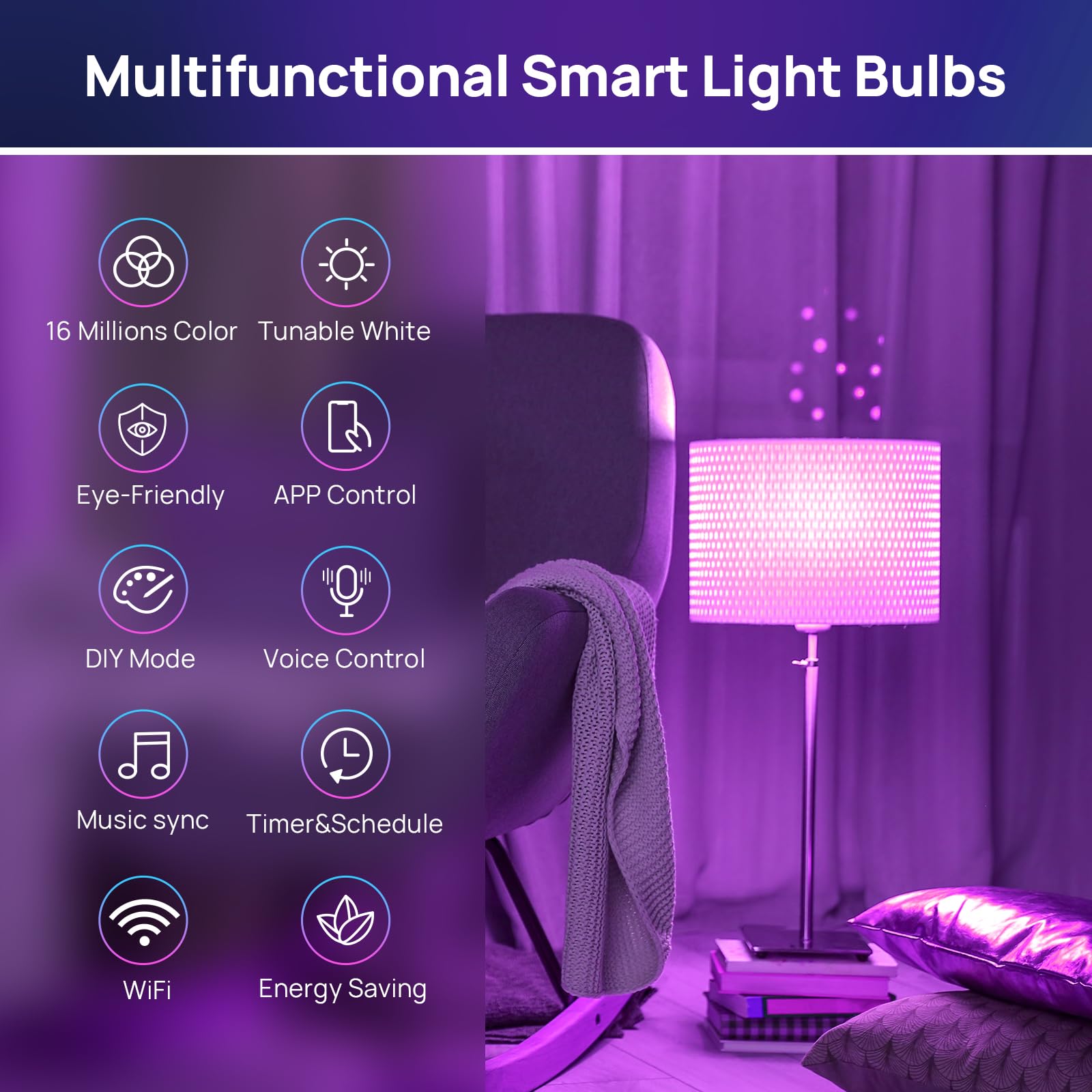 Consciot Smart Light Bulbs, WiFi Color Changing Light Bulb, LED Light Bulb That Compatible with Alexa & Google Home, A19 E26 Smart Bulb 60 watt Equivalent, Music Sync, Dimmable Smart LED Bulb, 4 Pack