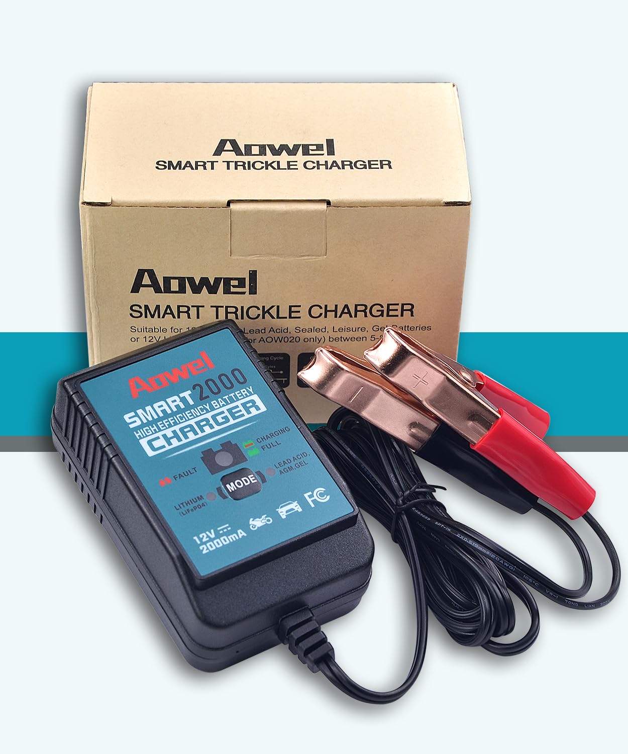 Aowel 12V, 2-Amp Fully Automatic Battery Charger & Maintainer for Car, Lawn Mower, ATV, Motorcycle, Boat, Marine Lithium(LifePO4) and AGM, Deep Cycle Lead-Acid Batteries