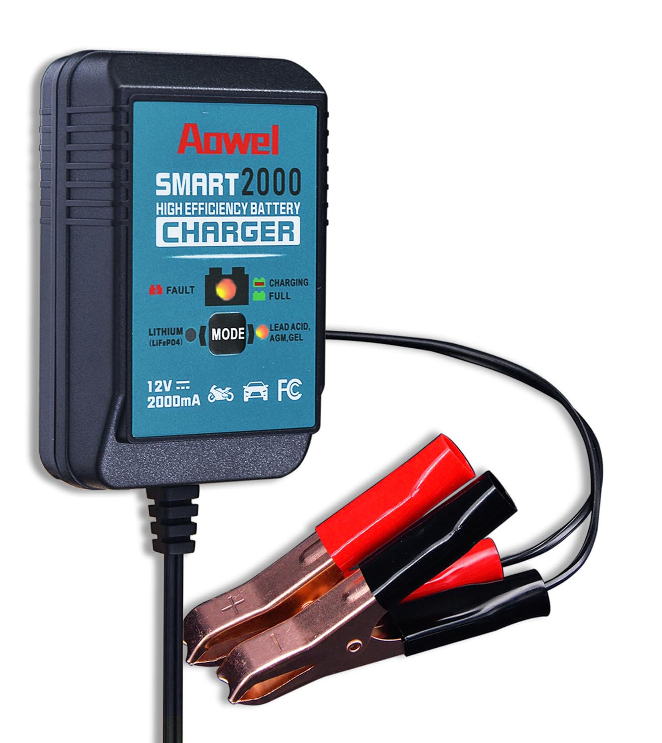 Aowel 12V, 2-Amp Fully Automatic Battery Charger & Maintainer for Car, Lawn Mower, ATV, Motorcycle, Boat, Marine Lithium(LifePO4) and AGM, Deep Cycle Lead-Acid Batteries