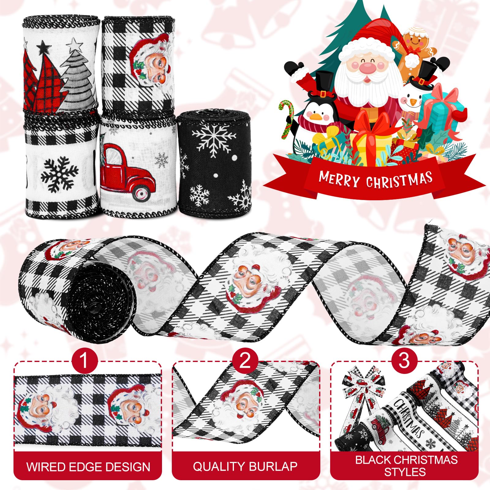 AnyDesign 30 Yards Christmas Wired Edge Ribbon 2.5 Inch Black White Buffalo Plaids Fabric Ribbon Xmas Tree Santa Snowflake Craft Ribbon for Holiday Wrapping DIY Making Bow Wreath