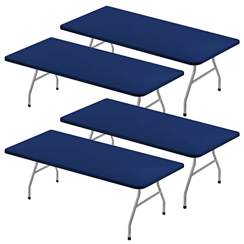 4 Packs Navy Blue Fitted Tablecloth for 6 Foot Rectangle Tables, Spandex Fitted Table Cover, 30"x72" Waterproof Reusable Elastic Edge Card Folding Table Cover for Wedding Banquet Party Picnic