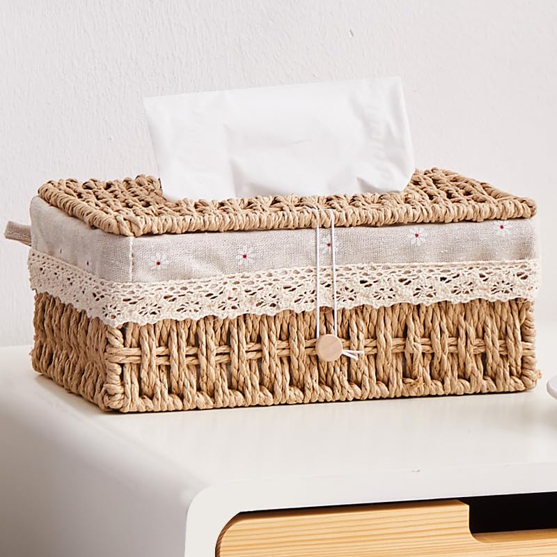 BUPEI Living Room Tissue Box Desktop Paper Box Home Coffee Table Key Basket Imitation Straw Storage Box Simple Napkin Paper Box (Color : Large Brown Belt Buckle)