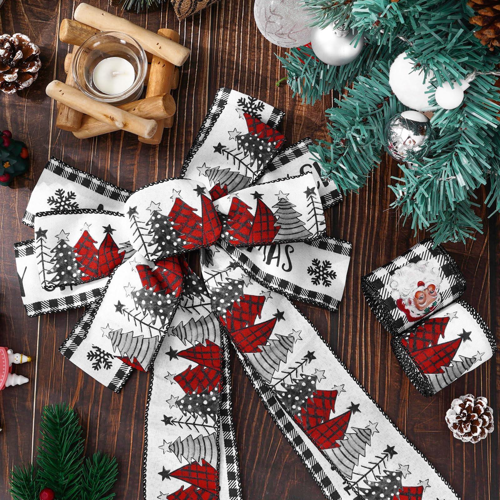 AnyDesign 30 Yards Christmas Wired Edge Ribbon 2.5 Inch Black White Buffalo Plaids Fabric Ribbon Xmas Tree Santa Snowflake Craft Ribbon for Holiday Wrapping DIY Making Bow Wreath
