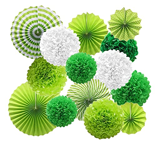 Party Decoration, Hanging Paper Fans Pom Poms Flowers Birthday Parties Baby Showers Wedding (Green)