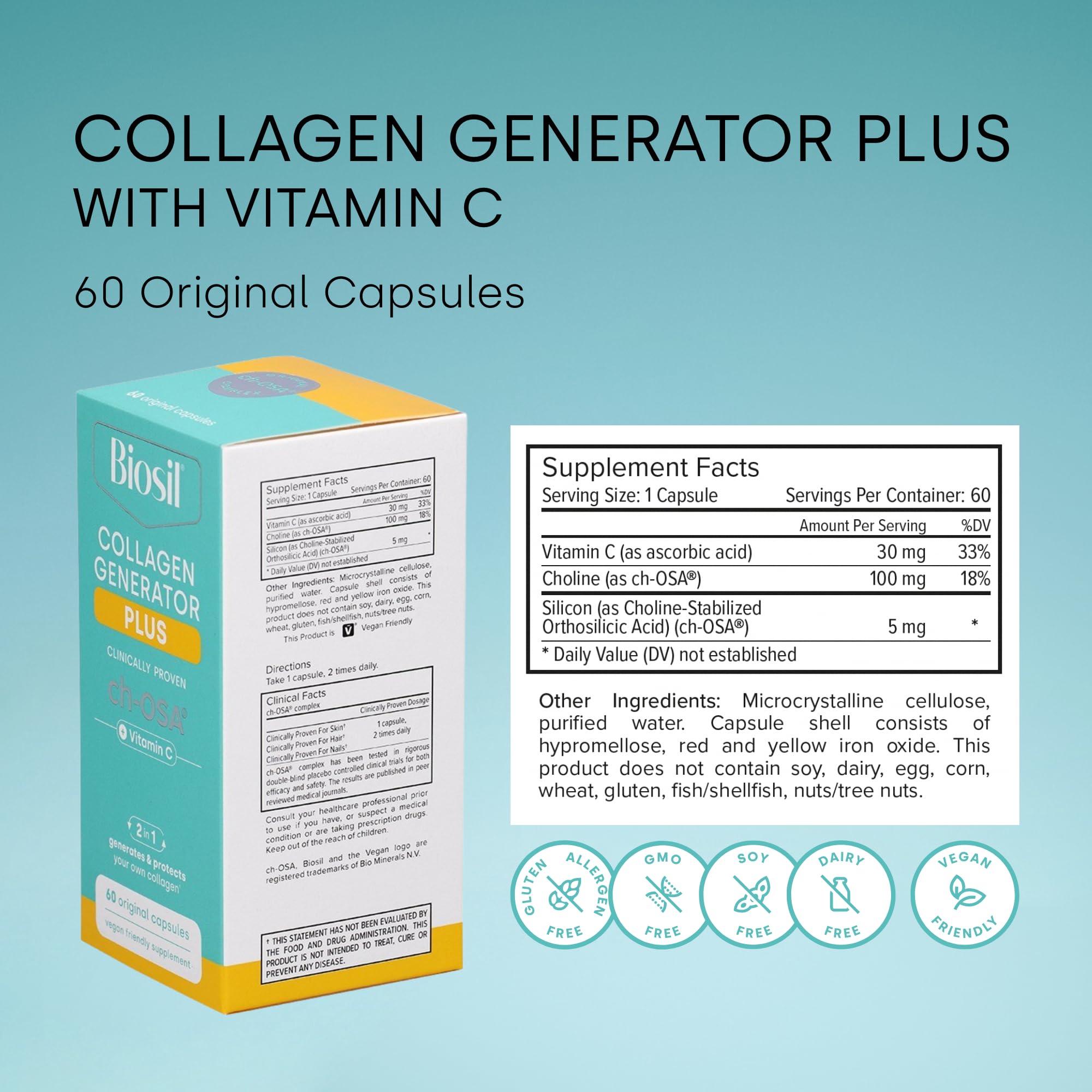 Biosil Collagen Generator Plus - 60 Capsules - Advanced Collagen Protection with Patented ch-OSA Complex & Vitamin C - 30-Day Supply