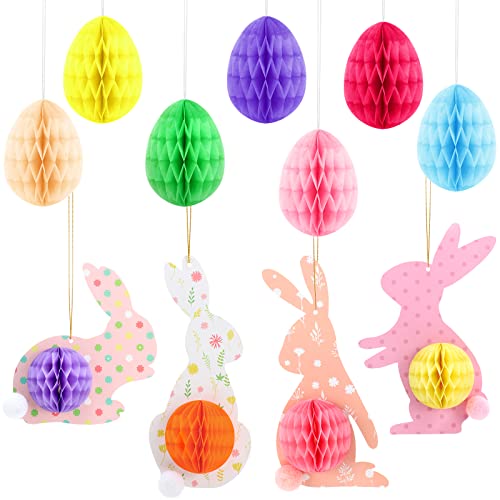11Pcs Easter Party Hanging Decor Paper Bunny Honeycomb Colorful Easter Eggs Honeycomb Set Easter Ornament for Tree Window Bunny Theme Party Favors Supplies