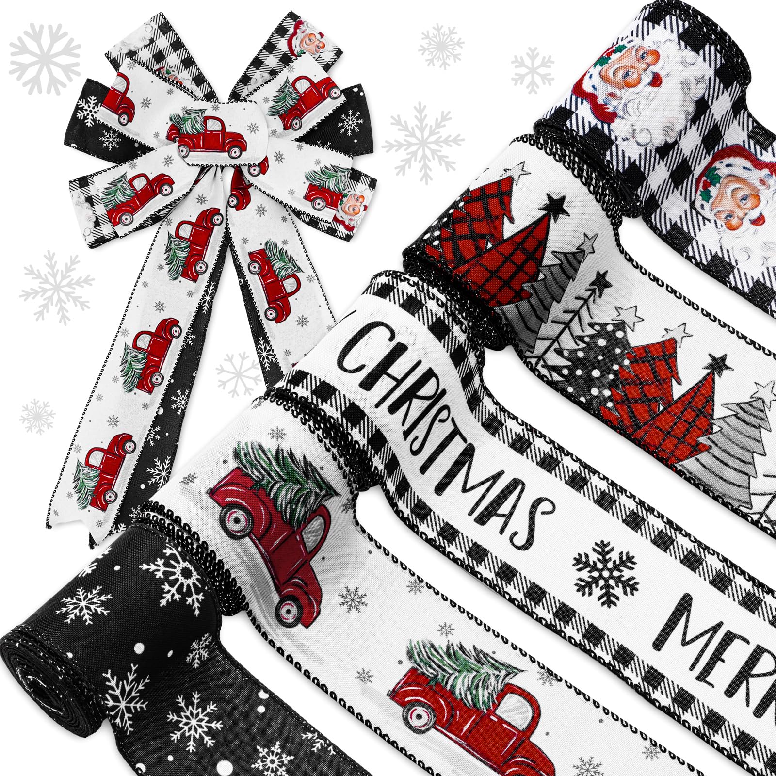 AnyDesign 30 Yards Christmas Wired Edge Ribbon 2.5 Inch Black White Buffalo Plaids Fabric Ribbon Xmas Tree Santa Snowflake Craft Ribbon for Holiday Wrapping DIY Making Bow Wreath
