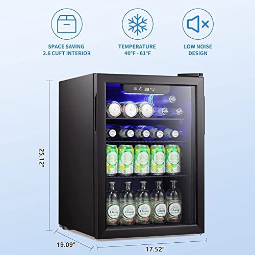 Antarctic Star Mini Fridge-100 Can Beverage Refrigerator Wine Cooler Clear Front Glass Door Small Drink Touch Screen for Soda Beer Bar Office Home 2.6 cu.ft