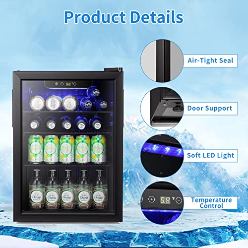 Antarctic Star Mini Fridge-100 Can Beverage Refrigerator Wine Cooler Clear Front Glass Door Small Drink Touch Screen for Soda Beer Bar Office Home 2.6 cu.ft