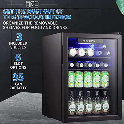 Antarctic Star Mini Fridge-100 Can Beverage Refrigerator Wine Cooler Clear Front Glass Door Small Drink Touch Screen for Soda Beer Bar Office Home 2.6 cu.ft