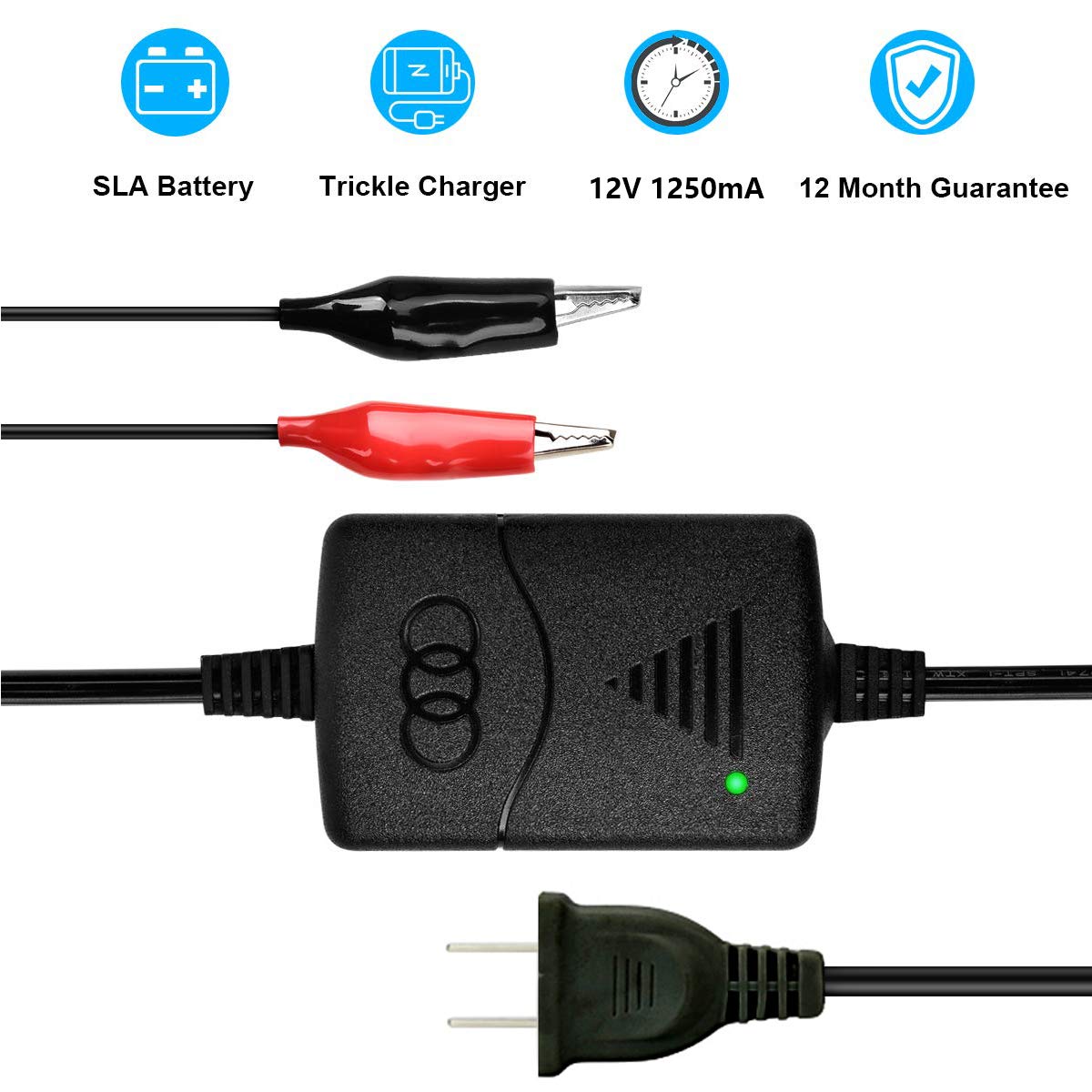Trickle Battery Charger,12V 1250mA Smart Battery Charger Portable Car Battery Charger for 12V Lead-Acid Batteries