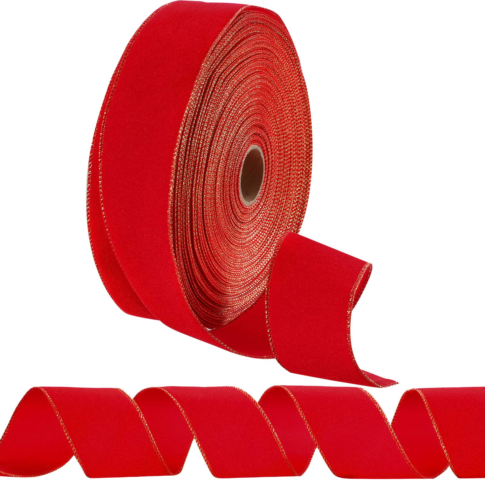 Syhood Christmas Wired Velvet Ribbon with Gold Edge Waterproof Velvet Decoration Ribbon Wrapping for Xmas Wreath Bows Floral Craft Ornaments (red, 2.5 Inch x 60 Yard)