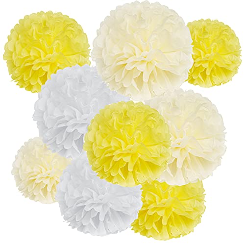 Tissue Paper Pom Poms Party Decorations, Hmxpls Tissue Balls Colorful Flowers Pom, Large Pom Poms for Wedding Birthday Celebration Outdoor Decoration - Yellow & White (8"/ 10"/ 12")