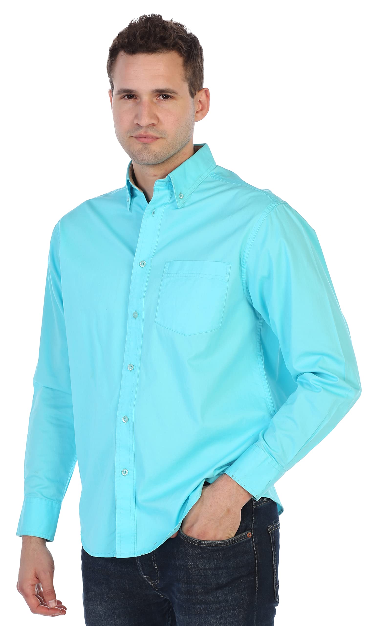 Gioberti Mens 100% Cotton Twill Oxford Long Sleeve Shirt, Aqua, 2X Large