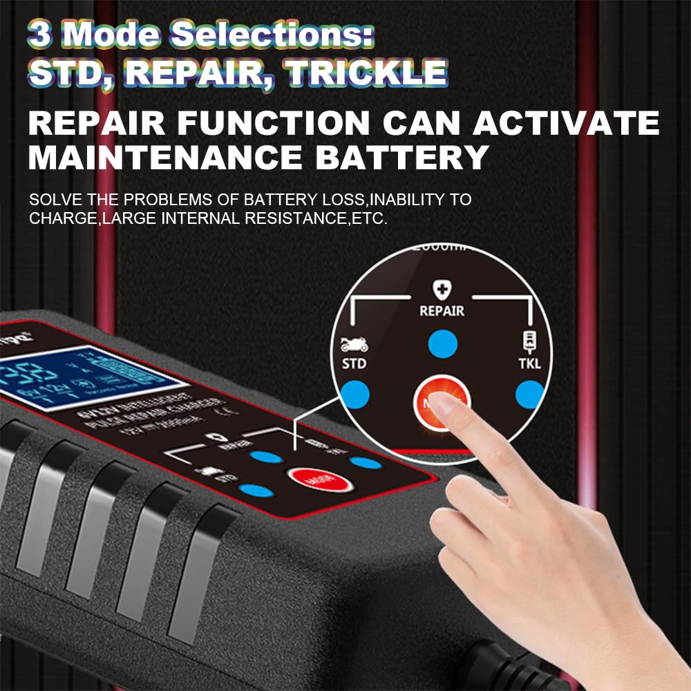 B-Qtech Upgraded 2Amp Car Battery Trickle Charger 6V/12V Smart Fully Automatic 3 Mode Battery Charger Maintainer, Battery Desulfator for Lawn Mower, Motorcycle, Car, Boat, Marine Lead Acid Batteries