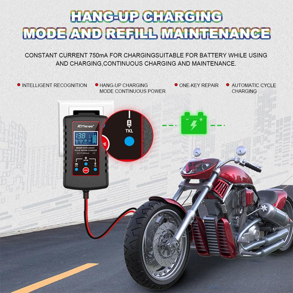B-Qtech Upgraded 2Amp Car Battery Trickle Charger 6V/12V Smart Fully Automatic 3 Mode Battery Charger Maintainer, Battery Desulfator for Lawn Mower, Motorcycle, Car, Boat, Marine Lead Acid Batteries