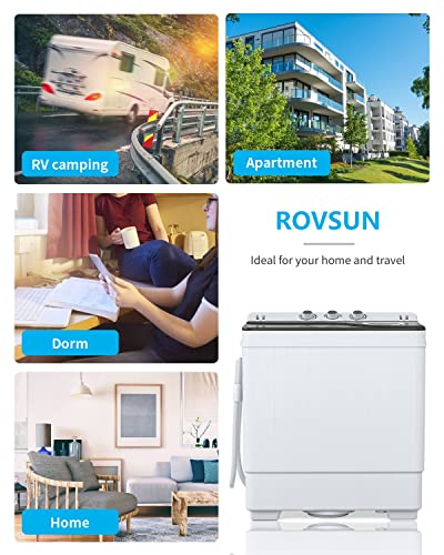 ROVSUN 26lbs Compact Twin Tub Portable Washing Machine, Mini Washer(18lbs) & Spiner(8lbs) / Built-in Drain Pump/Semi-Automatic for Camping, Apartments, Dorms & RV’s (Grey)