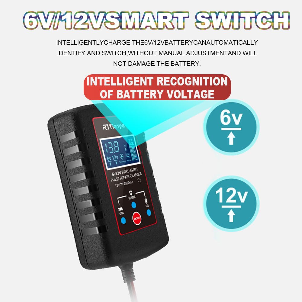 B-Qtech Upgraded 2Amp Car Battery Trickle Charger 6V/12V Smart Fully Automatic 3 Mode Battery Charger Maintainer, Battery Desulfator for Lawn Mower, Motorcycle, Car, Boat, Marine Lead Acid Batteries