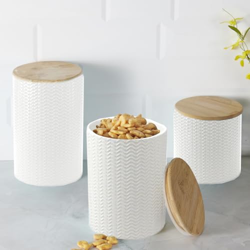 Home Basics Wave 3 Piece Ceramic Canister Set With Bamboo Tops, White