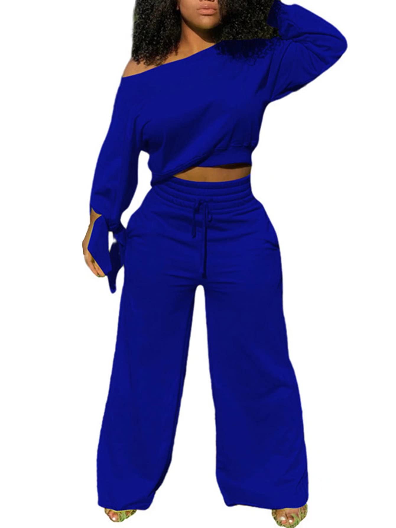 MRSYVES Solid 2 Piece Outfits for Women Sexy Clubwear Plus Size and Off Shoulder Long Sleeve Shirt Loose Pants Set Tracksuit Blue S