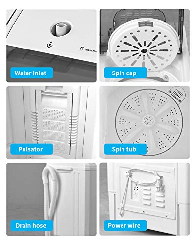 ROVSUN 26lbs Compact Twin Tub Portable Washing Machine, Mini Washer(18lbs) & Spiner(8lbs) / Built-in Drain Pump/Semi-Automatic for Camping, Apartments, Dorms & RV’s (Grey)