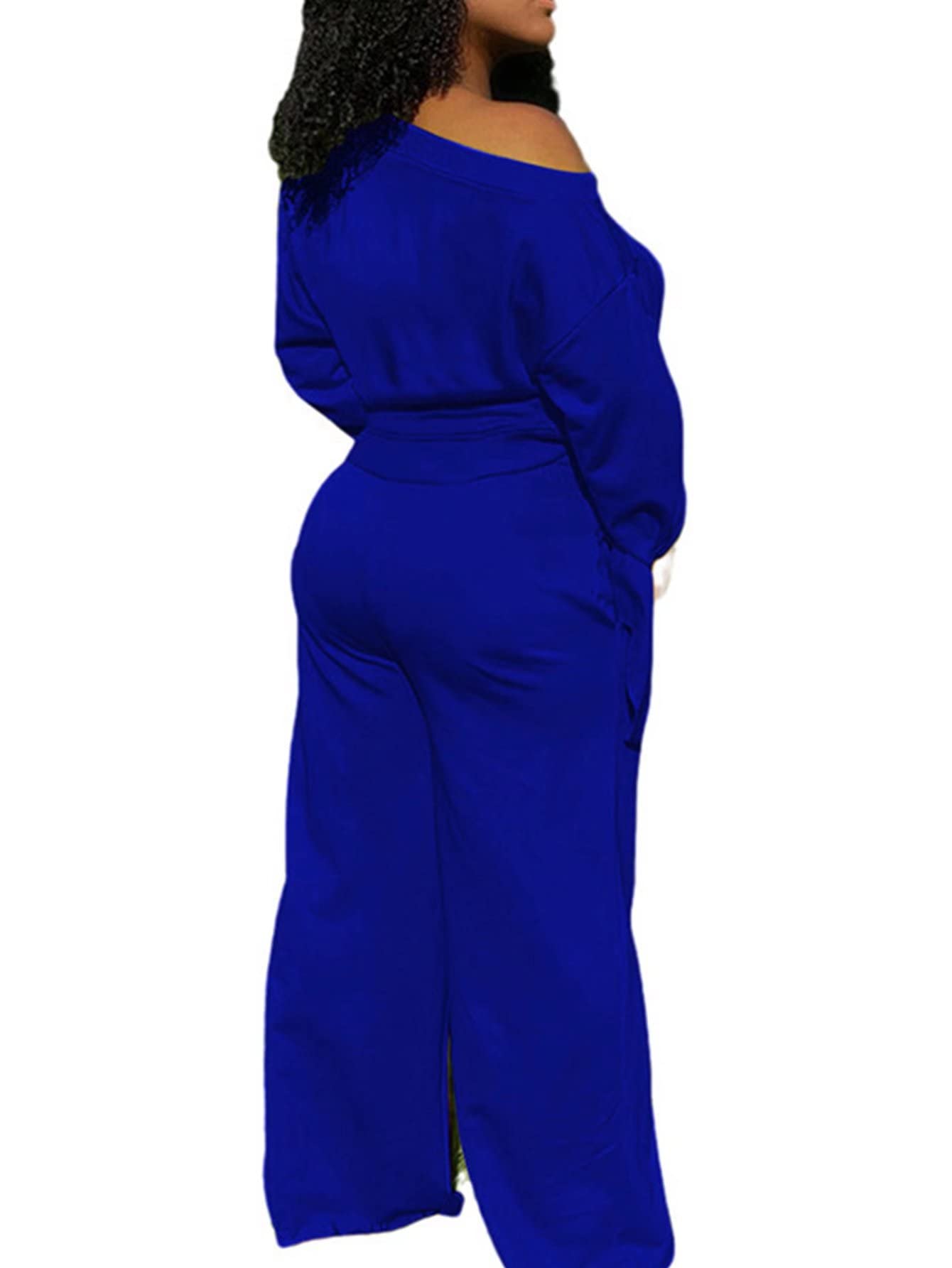 MRSYVES Solid 2 Piece Outfits for Women Sexy Clubwear Plus Size and Off Shoulder Long Sleeve Shirt Loose Pants Set Tracksuit Blue S