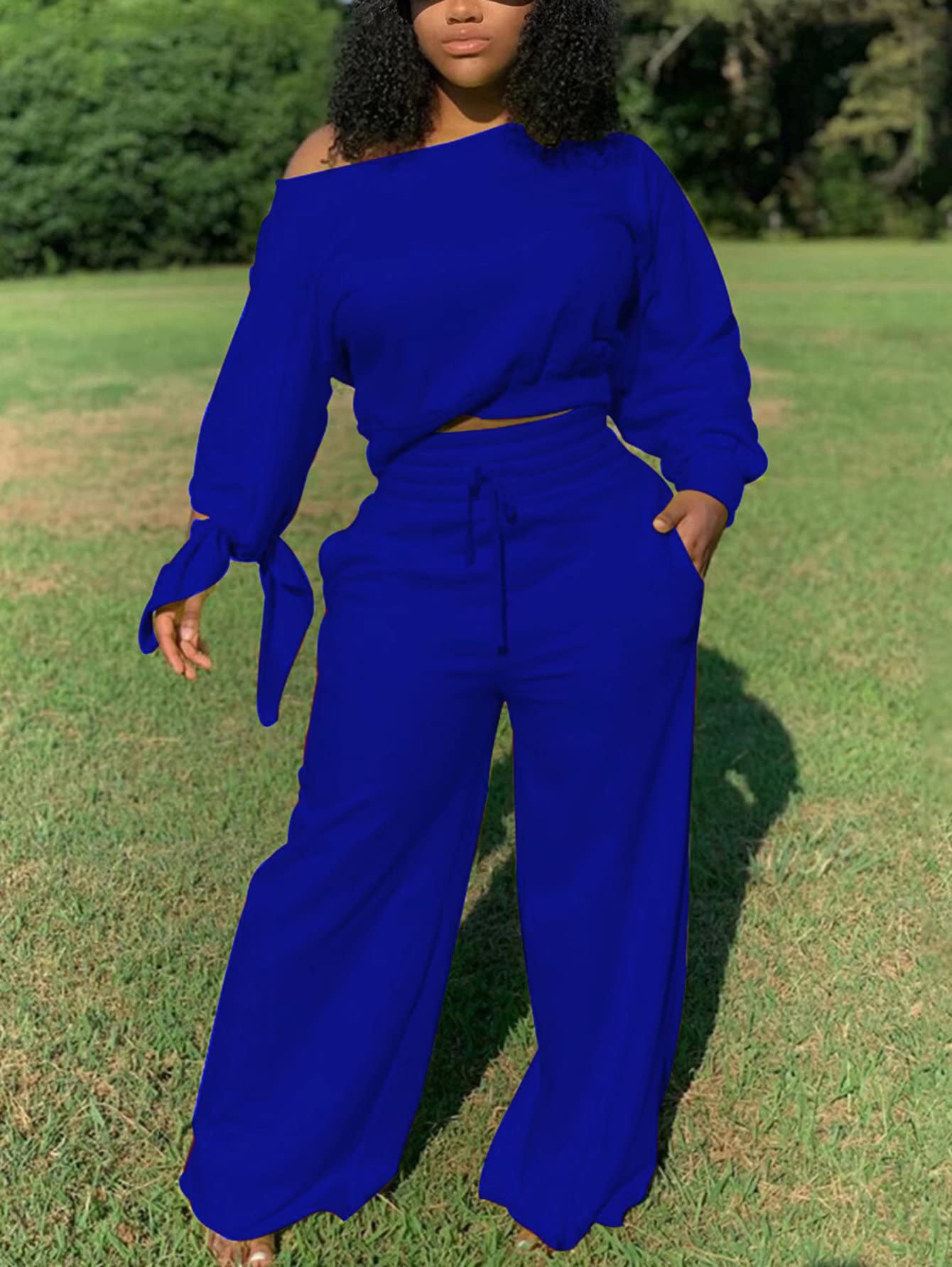MRSYVES Solid 2 Piece Outfits for Women Sexy Clubwear Plus Size and Off Shoulder Long Sleeve Shirt Loose Pants Set Tracksuit Blue S