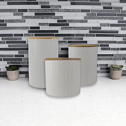 Home Basics Wave 3 Piece Ceramic Canister Set With Bamboo Tops, White