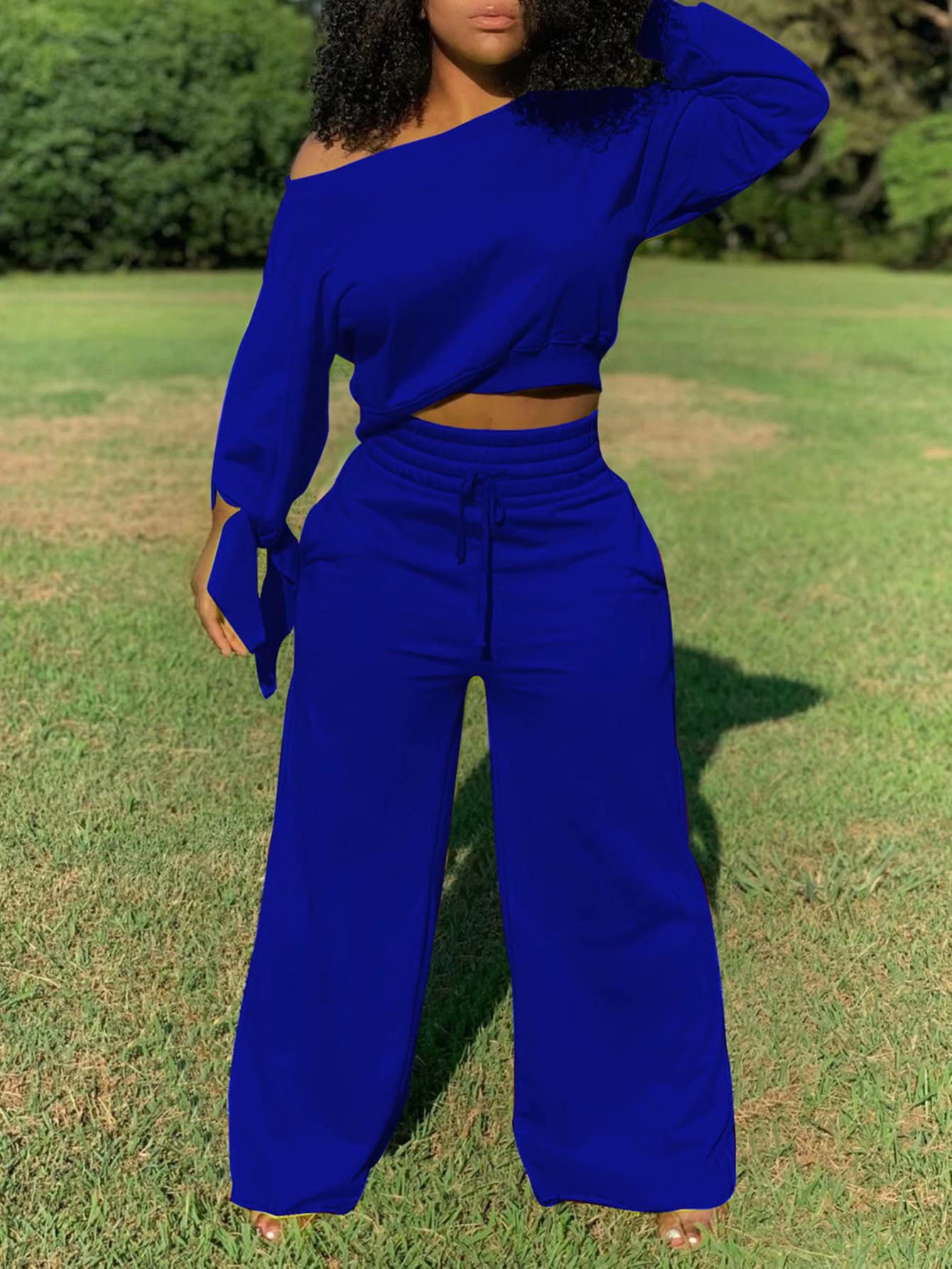 MRSYVES Solid 2 Piece Outfits for Women Sexy Clubwear Plus Size and Off Shoulder Long Sleeve Shirt Loose Pants Set Tracksuit Blue S