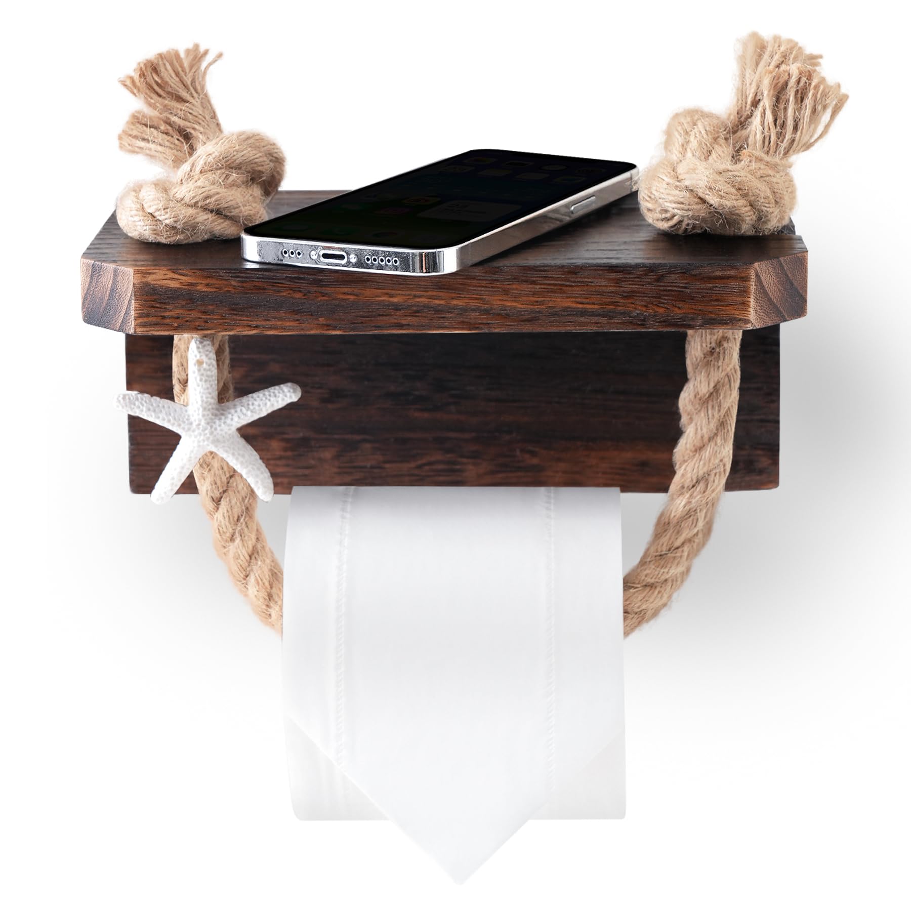 Perfeso.L Wooden Toilet Paper Holder Farmhouse Bathroom DecorâRustic Nautical Rope Towel RingâWall Mount Toilet Paper Roll Storage with Shelf Vintage Bathroom Accessory Tissue HolderâBlack Brown Wood