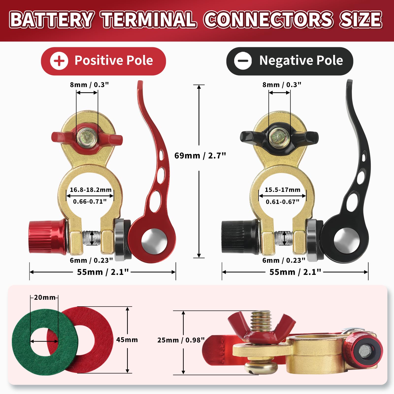 Battery Terminal Connectors 1 Pair, Battery Terminals Brass (M8 x 25mm Bolt), Battery Cable Ends Quick Release, Car Battery Terminal with Anti-Corrosion Pad for Car, caravan, truck, boat by XIOGZAXI