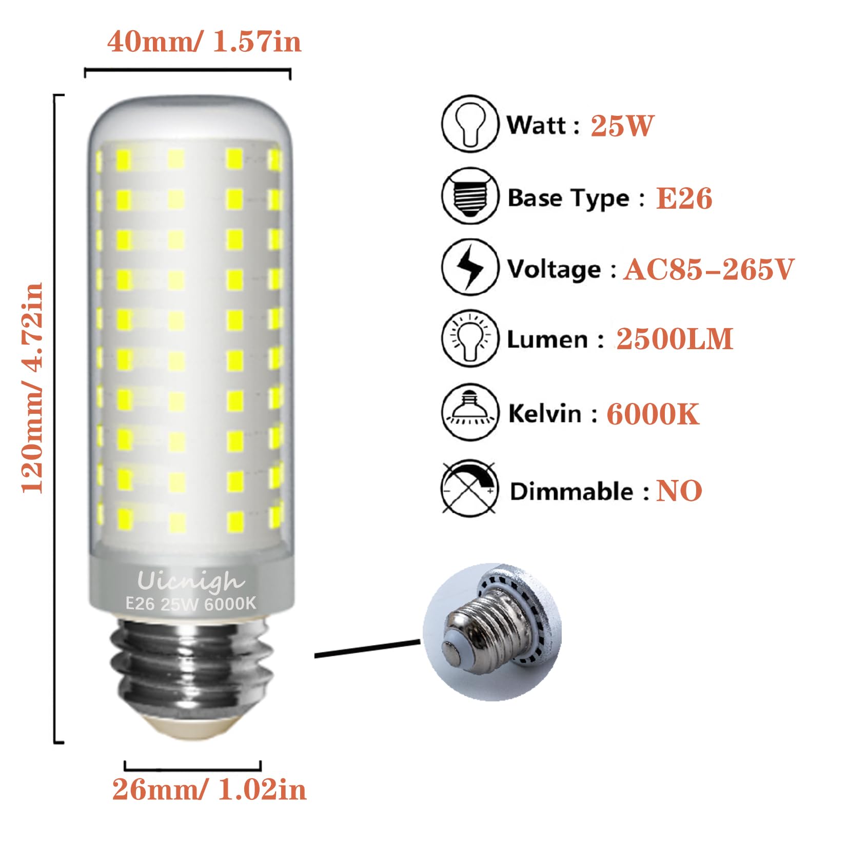 Uicnigh 25W LED Light Bulb 200 Watt Equivalent,Medium Screw Base E26 LED Bulb,6000K Daylight White Bright 2500LM for Home Lighting,Non-Dimmable Led bulb,3 Pack