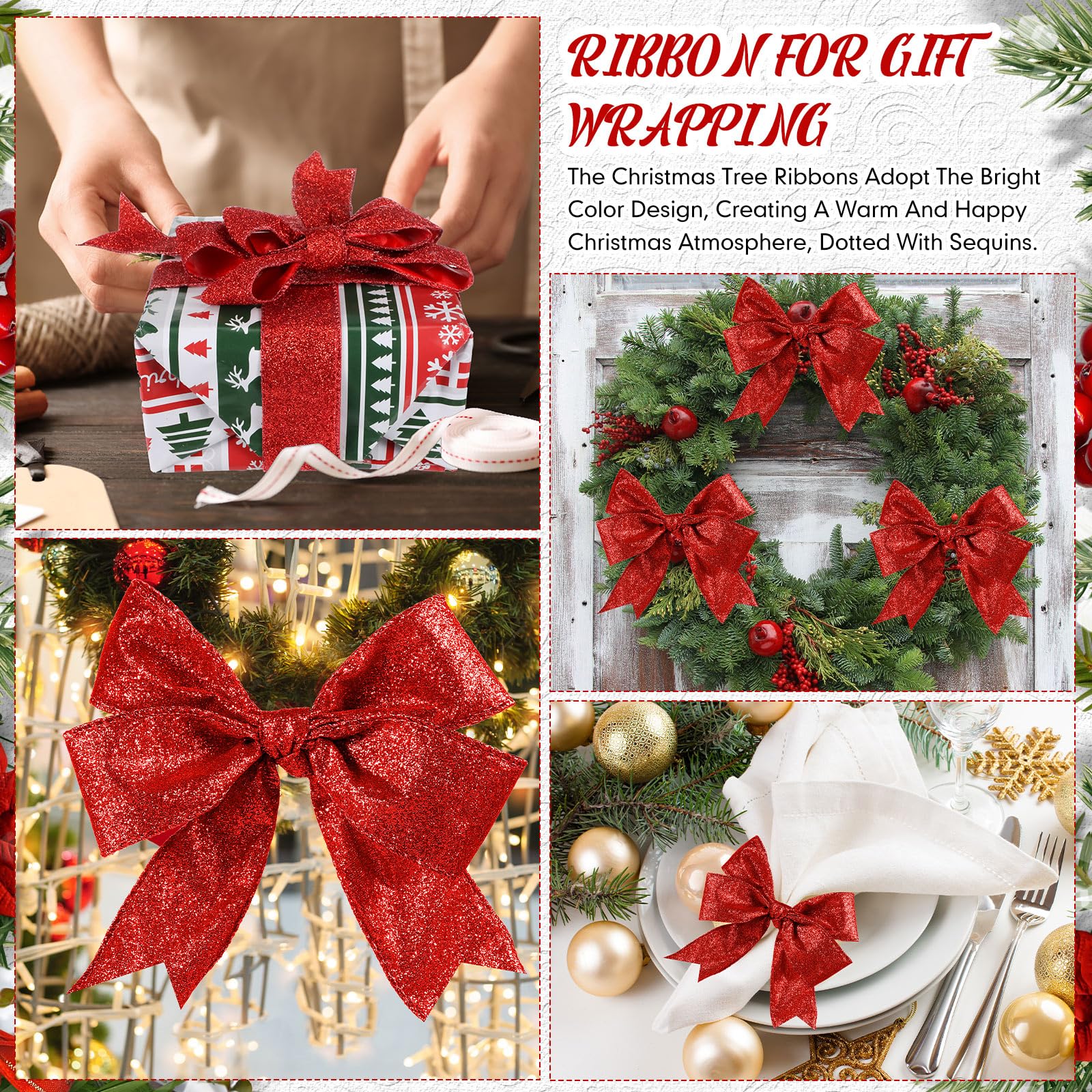 Yinder 4 Roll 40 Yards Christmas Metallic Wired Ribbon - Thick, Glitter, Tree & Gift Wrapping Ribbon for DIY Crafts & Xmas Party Decorations (Red, 2.5 Inch)