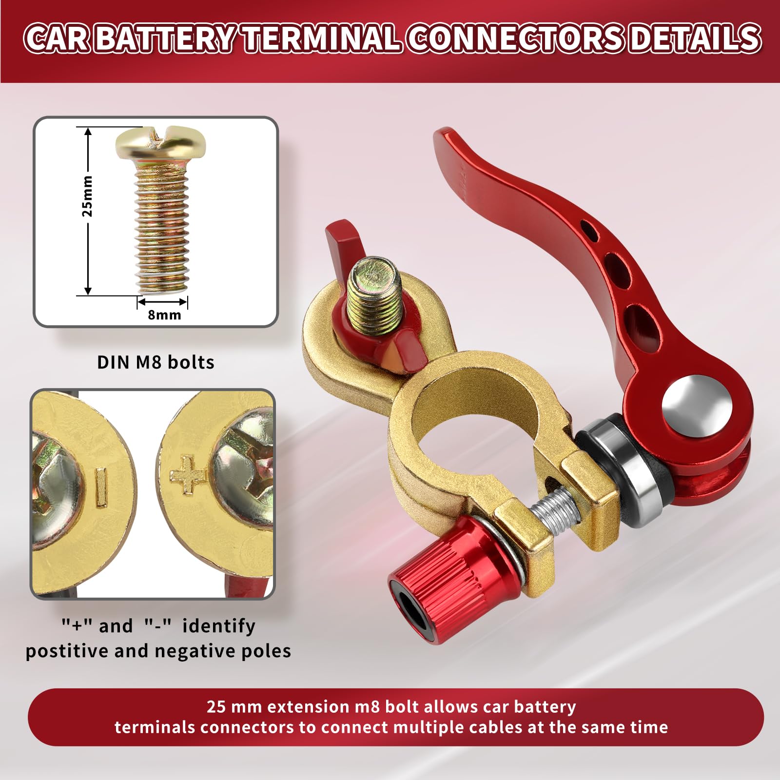 Battery Terminal Connectors 1 Pair, Battery Terminals Brass (M8 x 25mm Bolt), Battery Cable Ends Quick Release, Car Battery Terminal with Anti-Corrosion Pad for Car, caravan, truck, boat by XIOGZAXI
