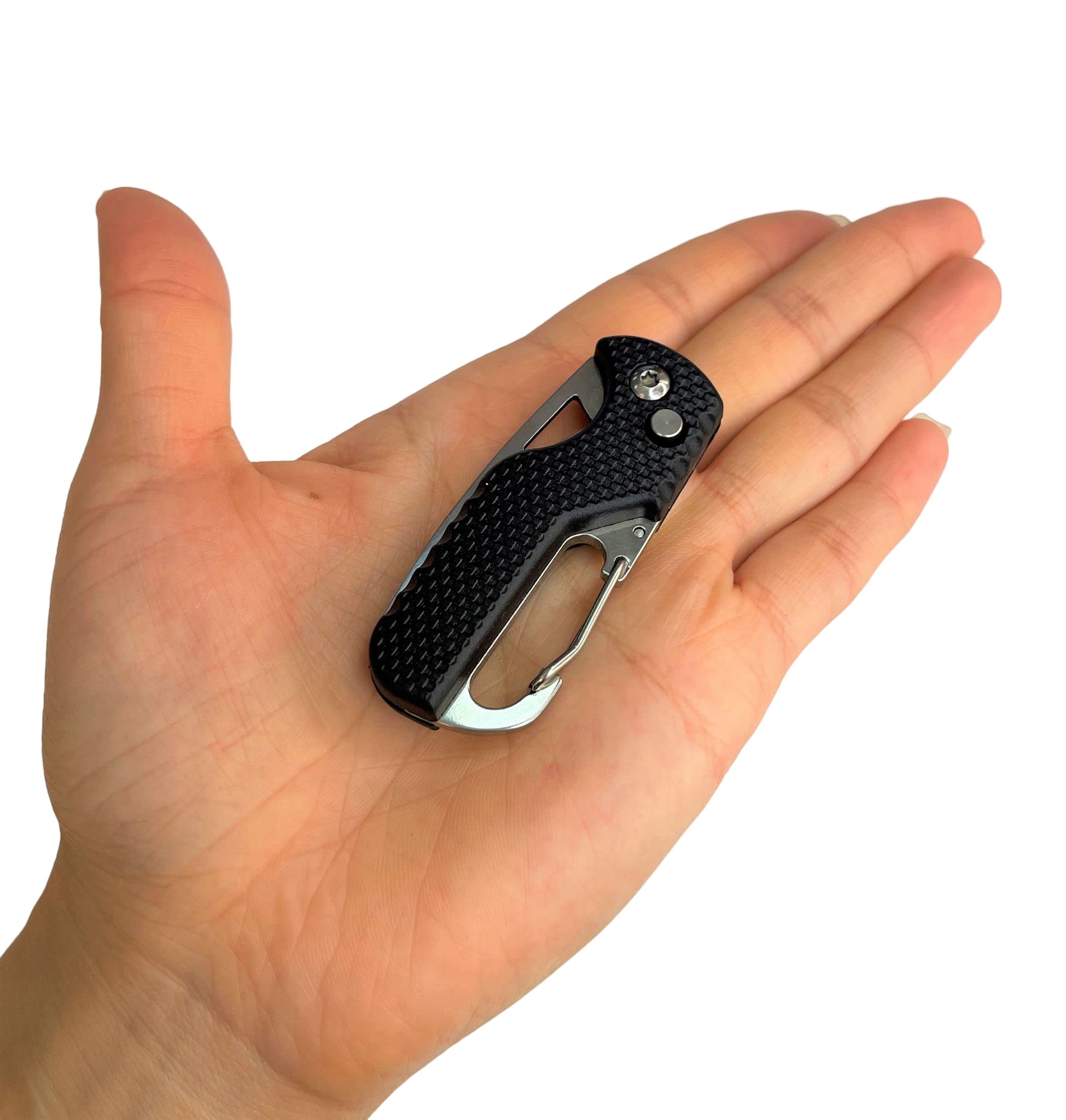 Package opener, Portable Utility Cutter, Small Pocket Box, Seatbelt, Strap Cutter Knife, Razor Sharp Serrated Blade and Paratrooper Hook, Carabiner Keychain, Safe, Survival EDC Folding Tool