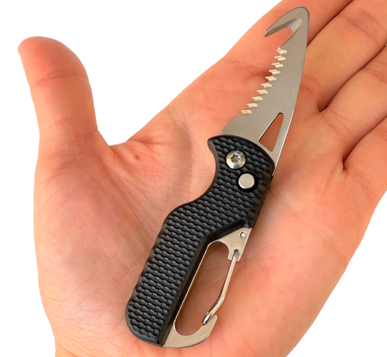 Package opener, Portable Utility Cutter, Small Pocket Box, Seatbelt, Strap Cutter Knife, Razor Sharp Serrated Blade and Paratrooper Hook, Carabiner Keychain, Safe, Survival EDC Folding Tool