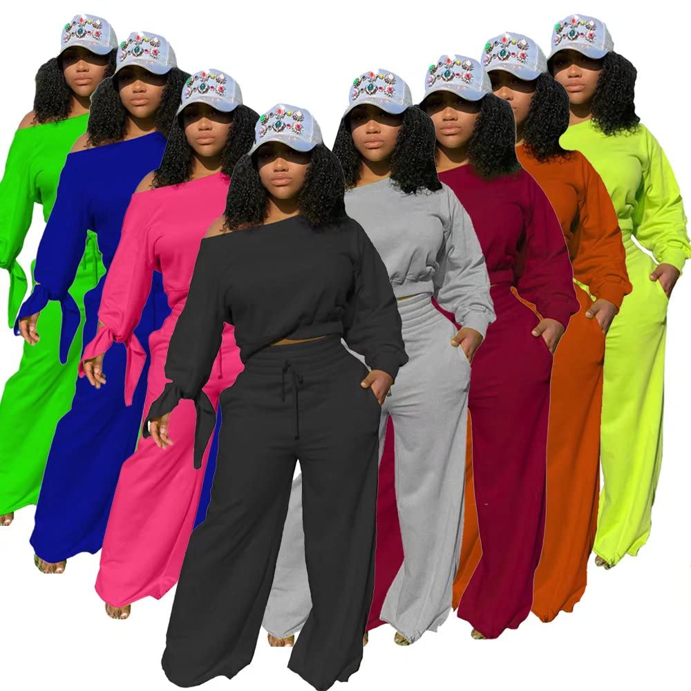 MRSYVES Solid 2 Piece Outfits for Women Sexy Clubwear Plus Size and Off Shoulder Long Sleeve Shirt Loose Pants Set Tracksuit Blue S