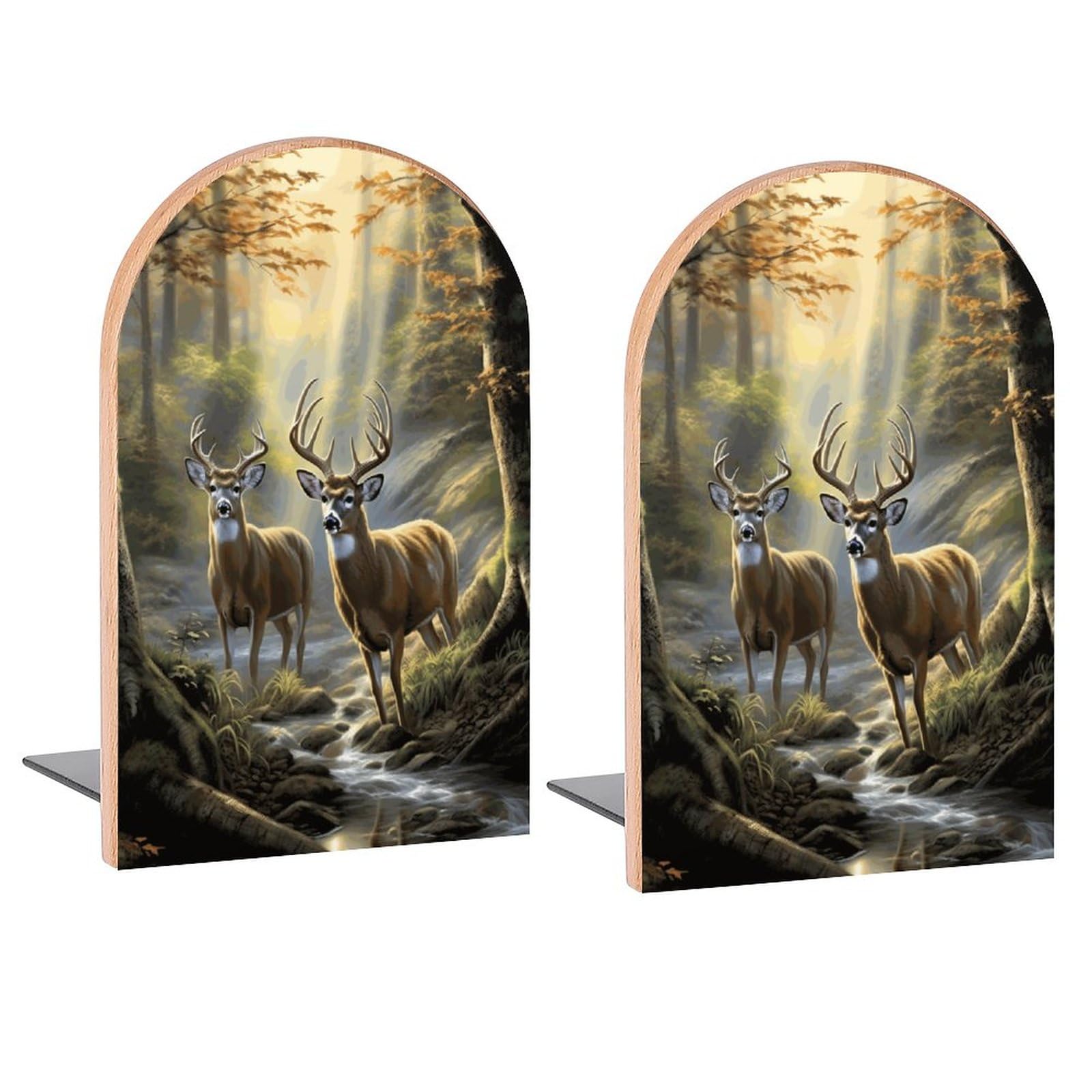 Two Deer Autumn River Book Ends Decorative Wood Bookends for Shelves Kids Room Desk Home Office Book Stoppers for Magazines,Books, DVDs, 1 Pair/2 Pieces(5x3.1 in)