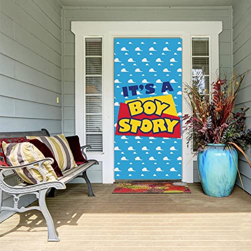 ZDX It's a Boy Story Door Banner 72.8x35.4in Blue Sky White Clouds Kids Baby Shower Decor Background Banner