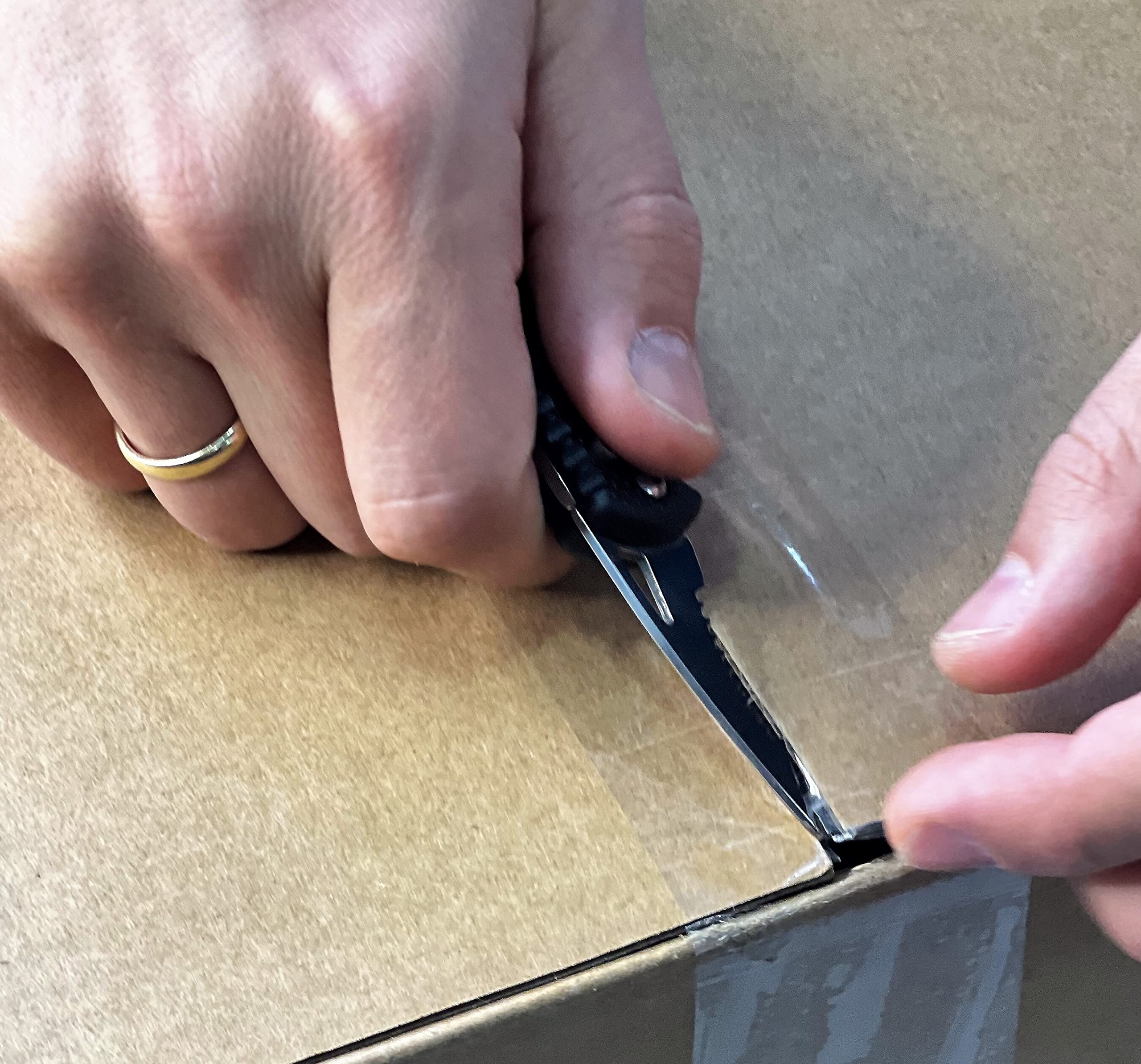 Package opener, Portable Utility Cutter, Small Pocket Box, Seatbelt, Strap Cutter Knife, Razor Sharp Serrated Blade and Paratrooper Hook, Carabiner Keychain, Safe, Survival EDC Folding Tool