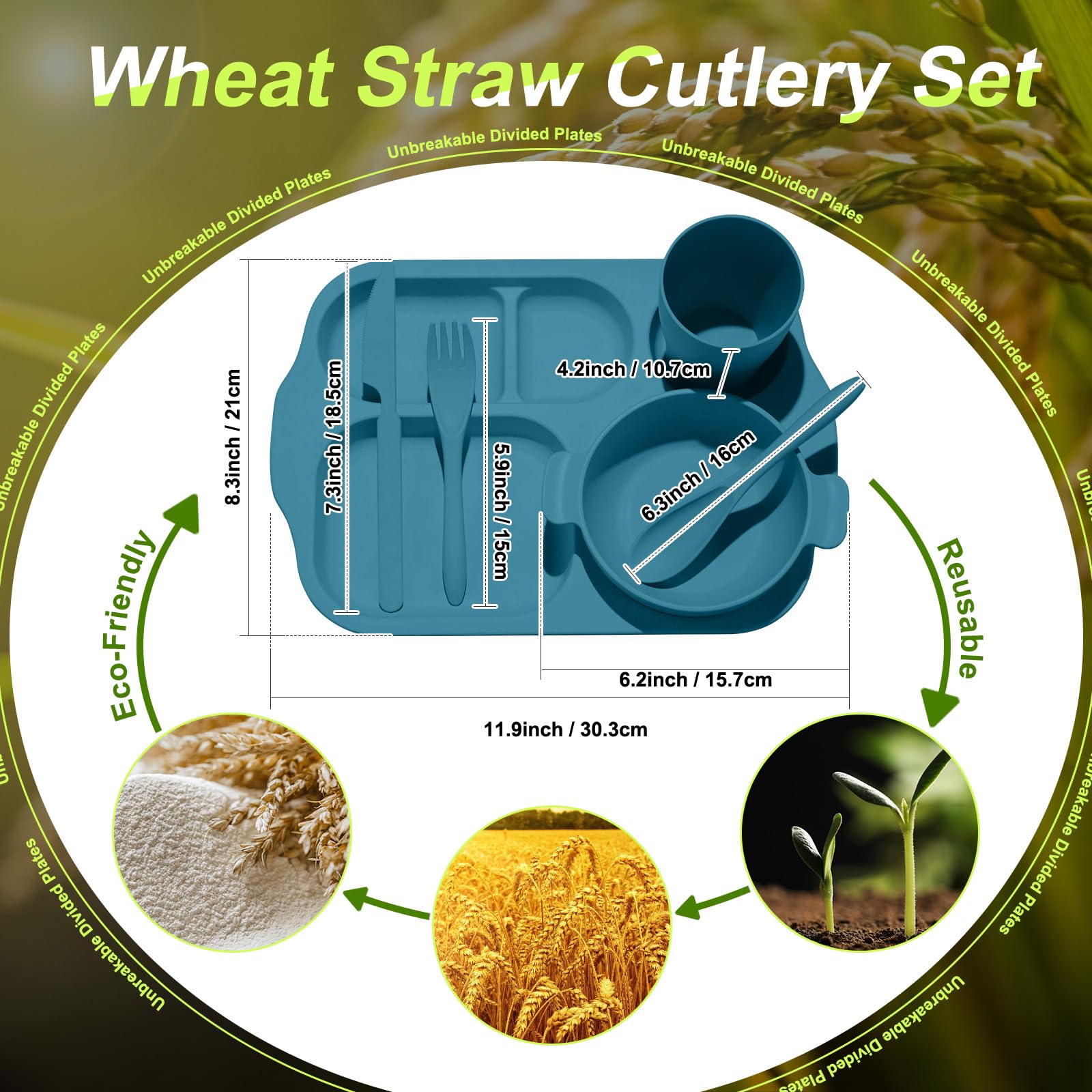 Honoson 24 Pcs Wheat Straw Dinnerware Cutlery Set Including Divided Plates Microwave Dishwasher Safe Bowl Unbreakable Tableware Straw Cutlery Spoon Knife Fork Cup(Bright Color)
